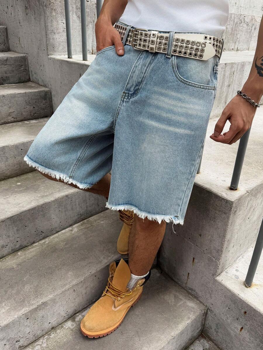 Manfinity EMRG Men's Light Blue Distressed Denim Shorts, Casual Loose ...