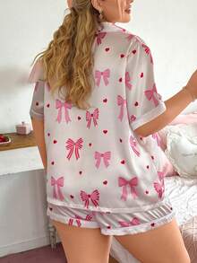 Slumberry CURVE Cute Ins Style Bow & Heart Print Lapel Cardigan Plus ...