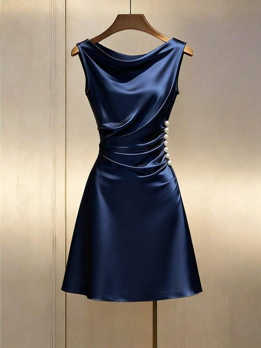 Franclia Satin Draped Neck Wrap Dress, Waist Cinching Design For ...