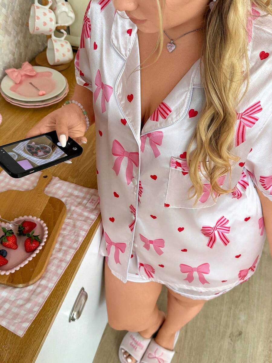 Slumberry CURVE Cute Ins Style Bow & Heart Print Lapel Cardigan Plus ...