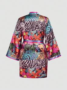 Chillnights Plus Size Tiger Plant Pattern Contrast Stripe Satin Robe ...