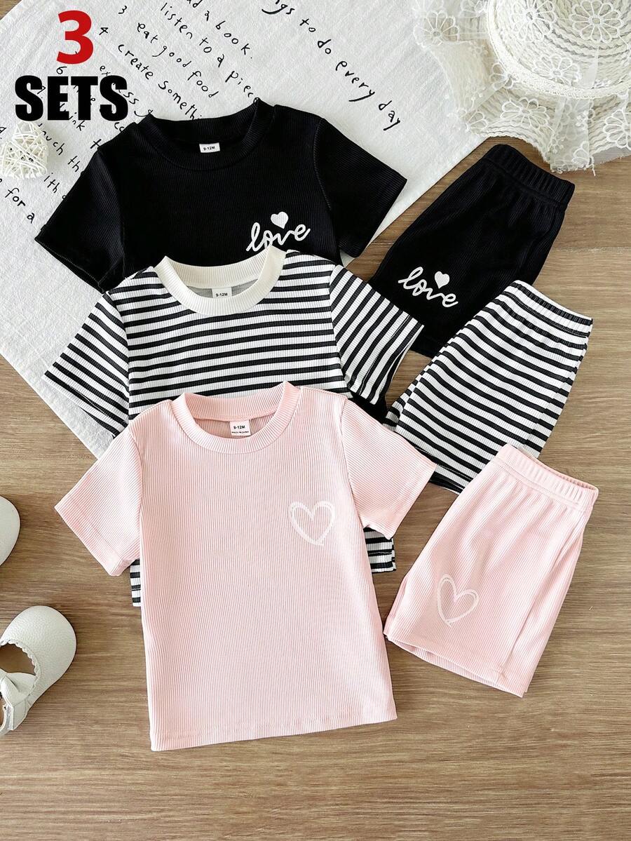 SHEIN 6pcs/Baby Girl's Summer Short-Sleeved Solid Color Knitted Ribbed ...