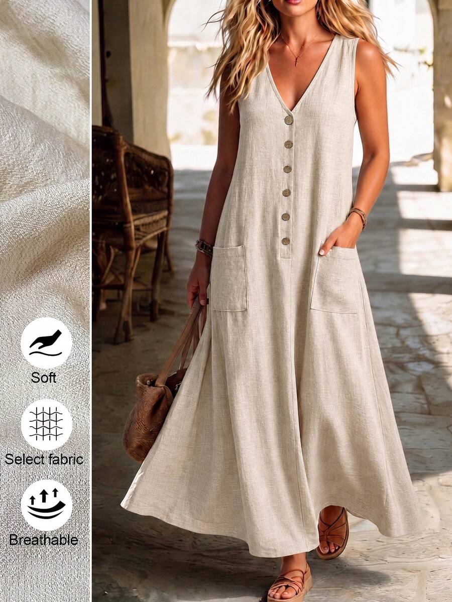 Linhara Plus Size Women's Solid Color Summer Linen-Like V-Neck ...