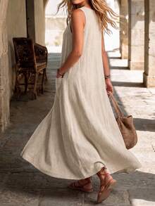 Linhara Plus Size Women's Solid Color Summer Linen-Like V-Neck ...