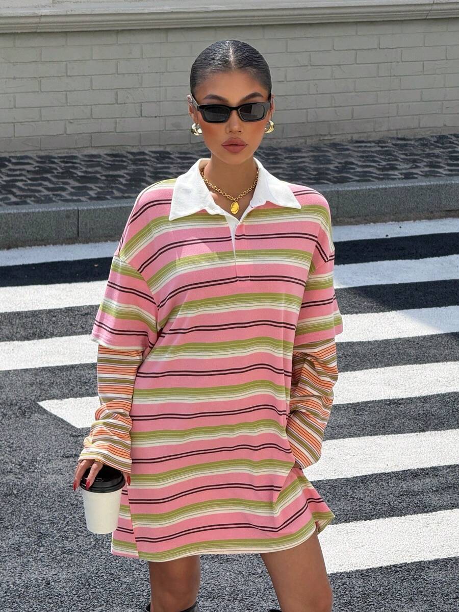 Muchica Women's Pink And White Striped Knit Polo Mini Dress Casual ...
