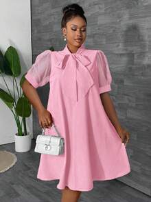 Maweii Plus Size Women's Loose Mesh Patchwork Bow Design Vacation Dress ...
