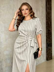 Roveilla Plus Size French Polka Dot Ruffle Tie Waist Split Hem Casual ...