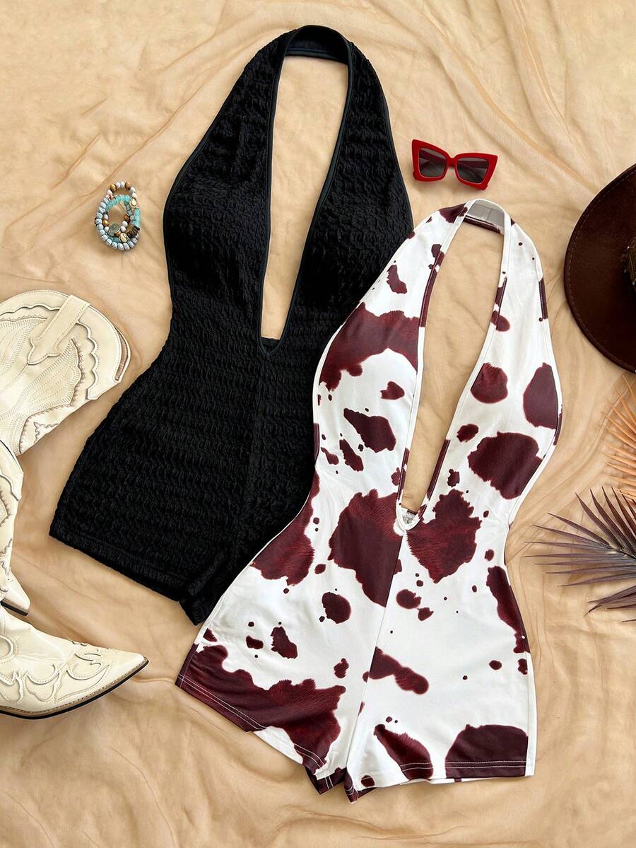 Soleia 2pcs/Set Women's Halter Jumpsuit,White Animal Print,Summer ...