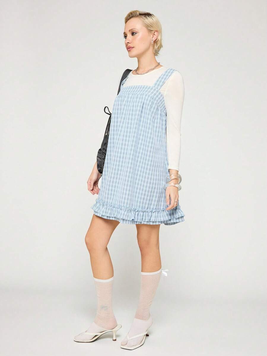 COUREZ Blue And White Check Smock Layering Mini Dress / Y2K Cute Autumn ...
