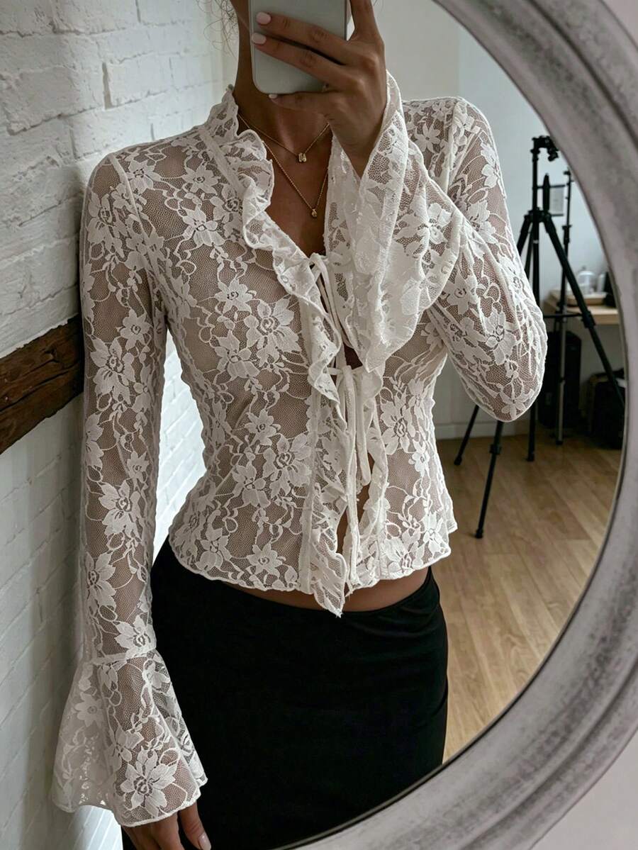 DAZY Women's Floral Lace Ruffle Tie Front Flare Sleeve Blouse | SHEIN UK