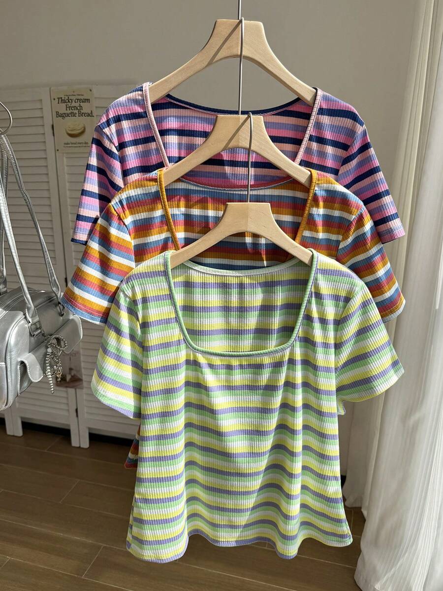 Comfortcana Plus Size Women's Colorful Striped Short Sleeve T-Shirt 3 ...