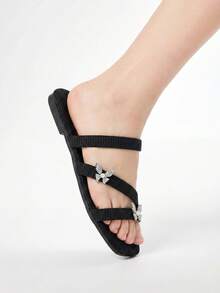 ROMWE Kawaii Sandálias Pretas Femininas Sem Salto com Laço e Strass ...