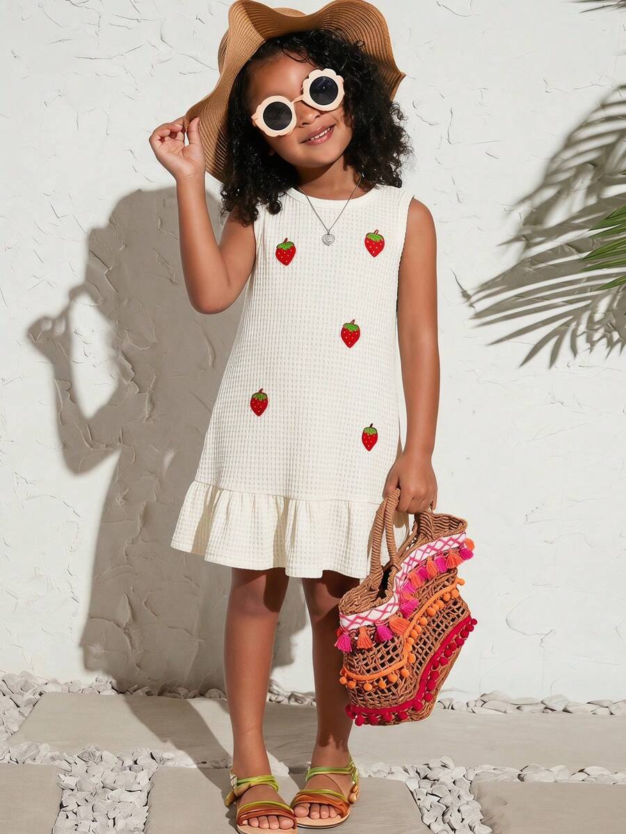Young Girl Casual Vacation Solid Color Strawberry Pattern Knit ...