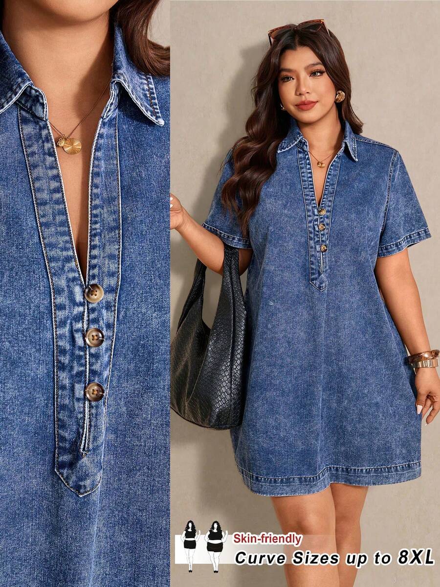 SHEIN CURVE+ Plus Size Women's Collared Short Sleeve Half Button Medium ...
