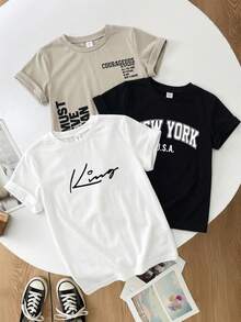 SHEIN 3pcs/Set Tween Boys' Casual Letter Print Graphic Crew Neck Knit T ...
