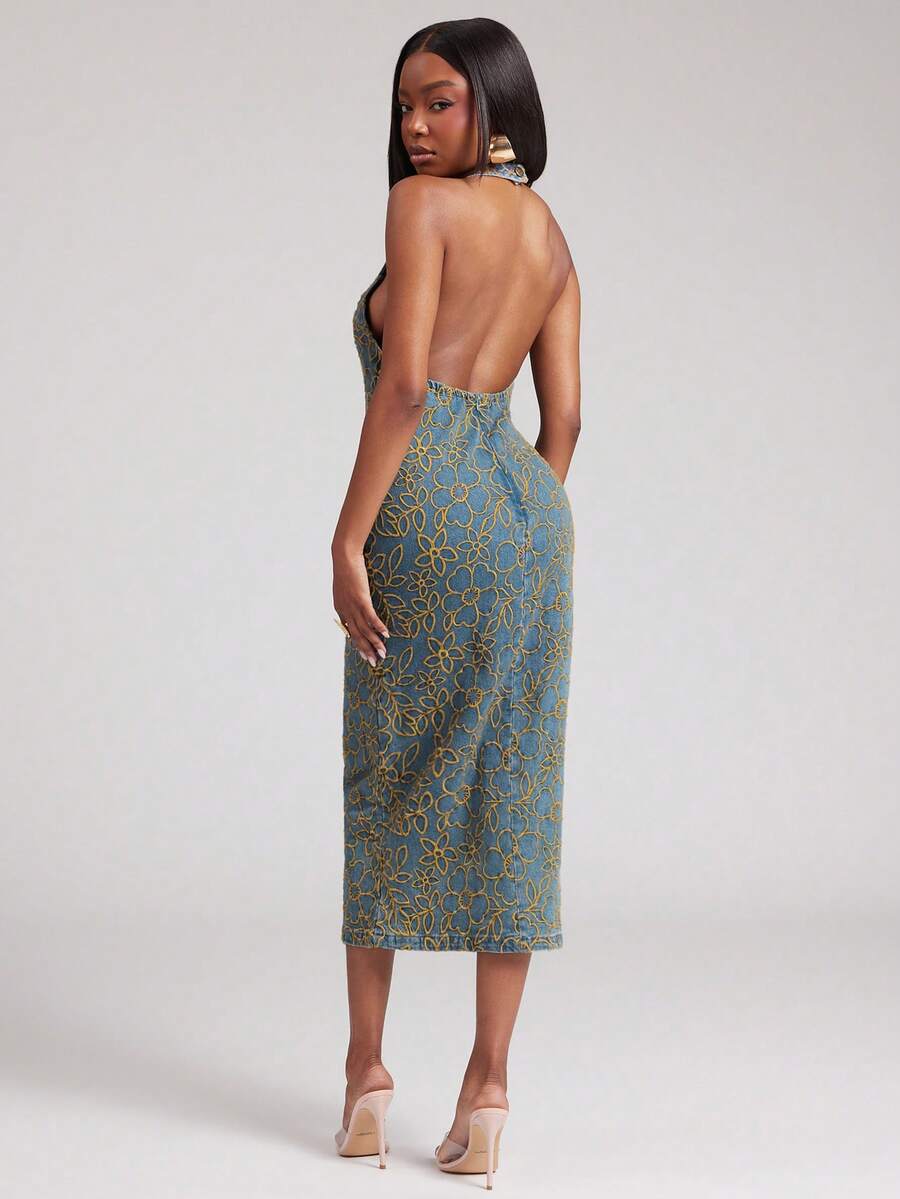 NYA SZN Denim Dress Midi Length Embroidered Summer Medium Wash Tinted ...