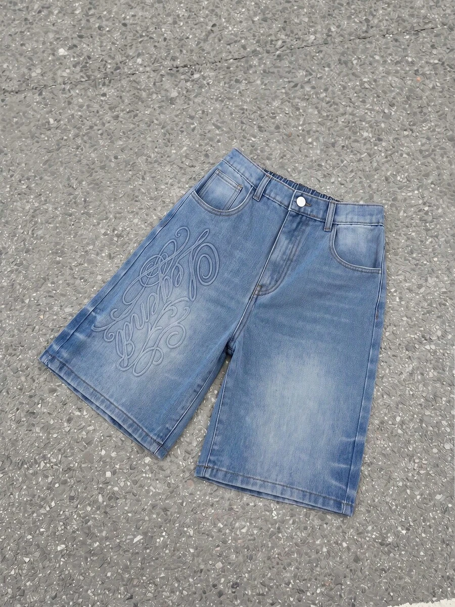 SHEIN Shorts Denim Soltos com Estampa de Letra Tridimensional Casual ...