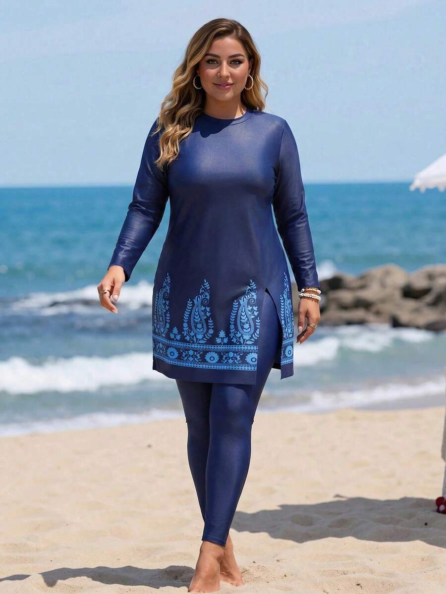 Swim Mulvari Plus Size Women's 2 Pieces Burkini Set, Digital Printed ...