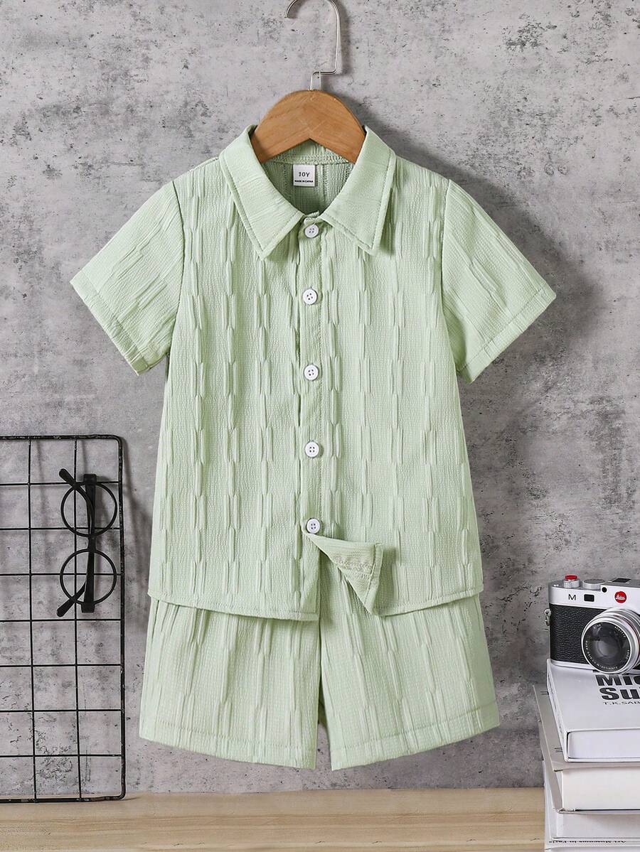 Boys 2pcs Set Summer New Mint Green Simple Jacquard Textured Collar ...