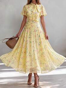 Editum Women's Elegant Pink And Yellow Summer Floral Print Flare Dress ...