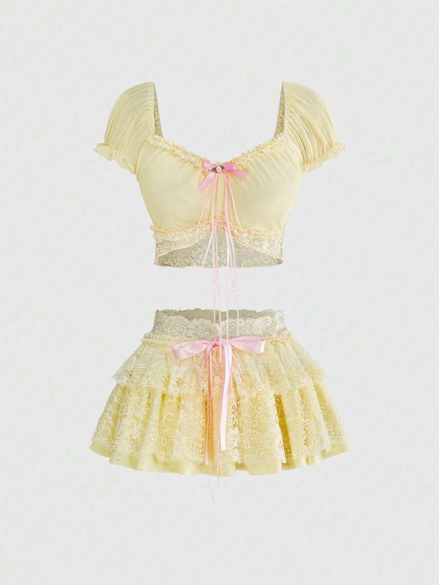 Sweetness Women's Romantic Sweet Coquette Off-Shoulder Lace Bow Ribbon ...