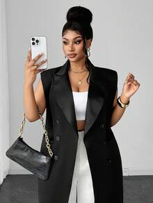 Maweii Plus Size Women's Solid Color Lapel NeckDouble Breasted ...
