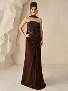 Coutiva Women's Fine Glitter Sequin Pleated Mermaid Hem Draped Formal ...