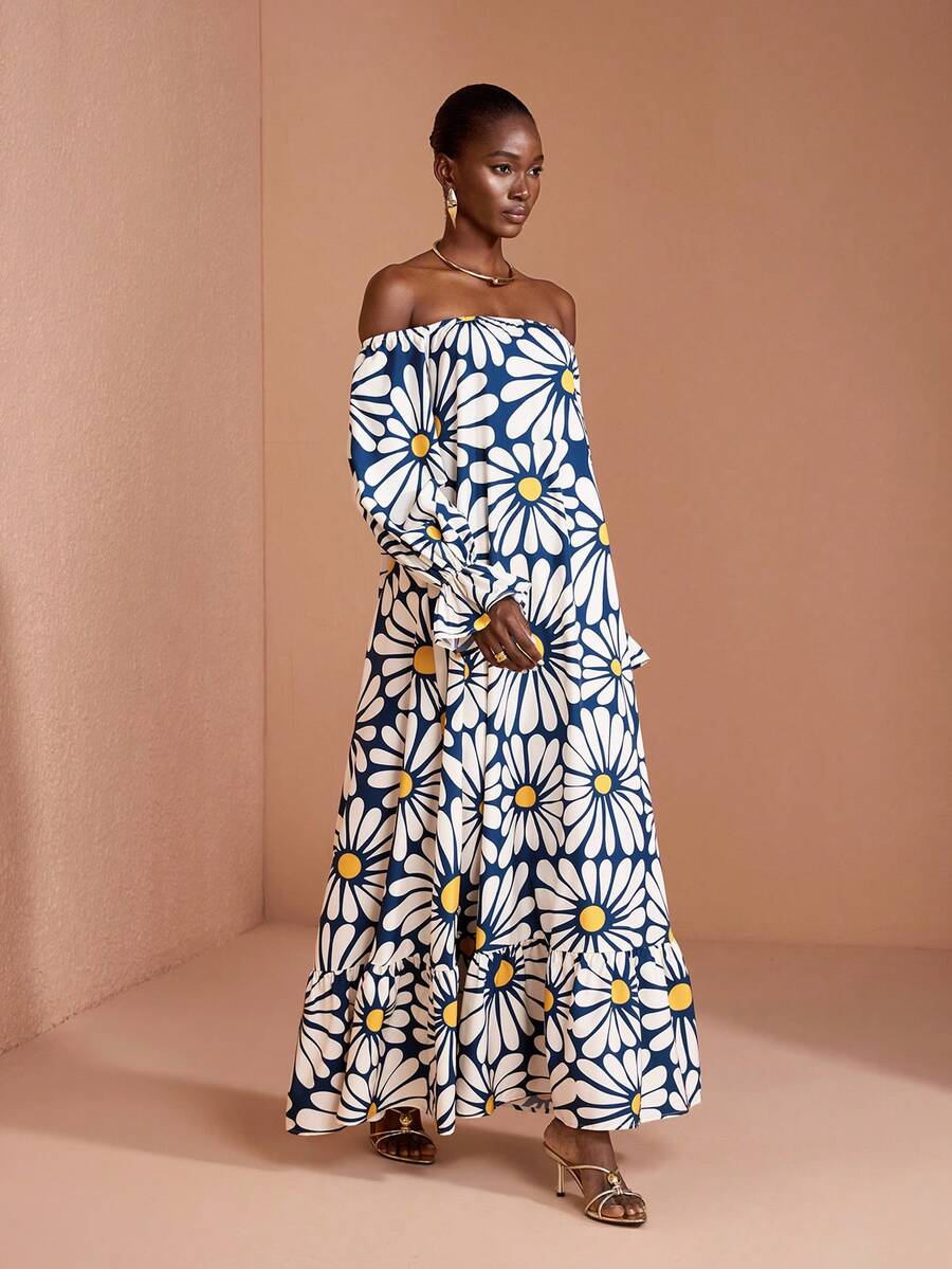 JIAN LASALA All-Over Floral Print Off-Shoulder Lantern Sleeves Women ...