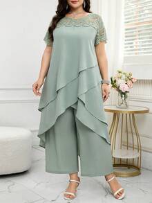 Reflora Plus Size Women's Solid Color Lace Layered Hem Shirt And Loose ...
