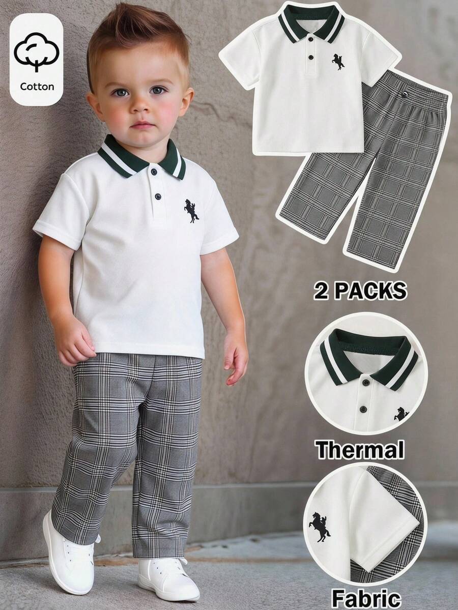 SHEIN Young Boy Summer Casual Horse Pattern Contrast Color Polo Shirt ...