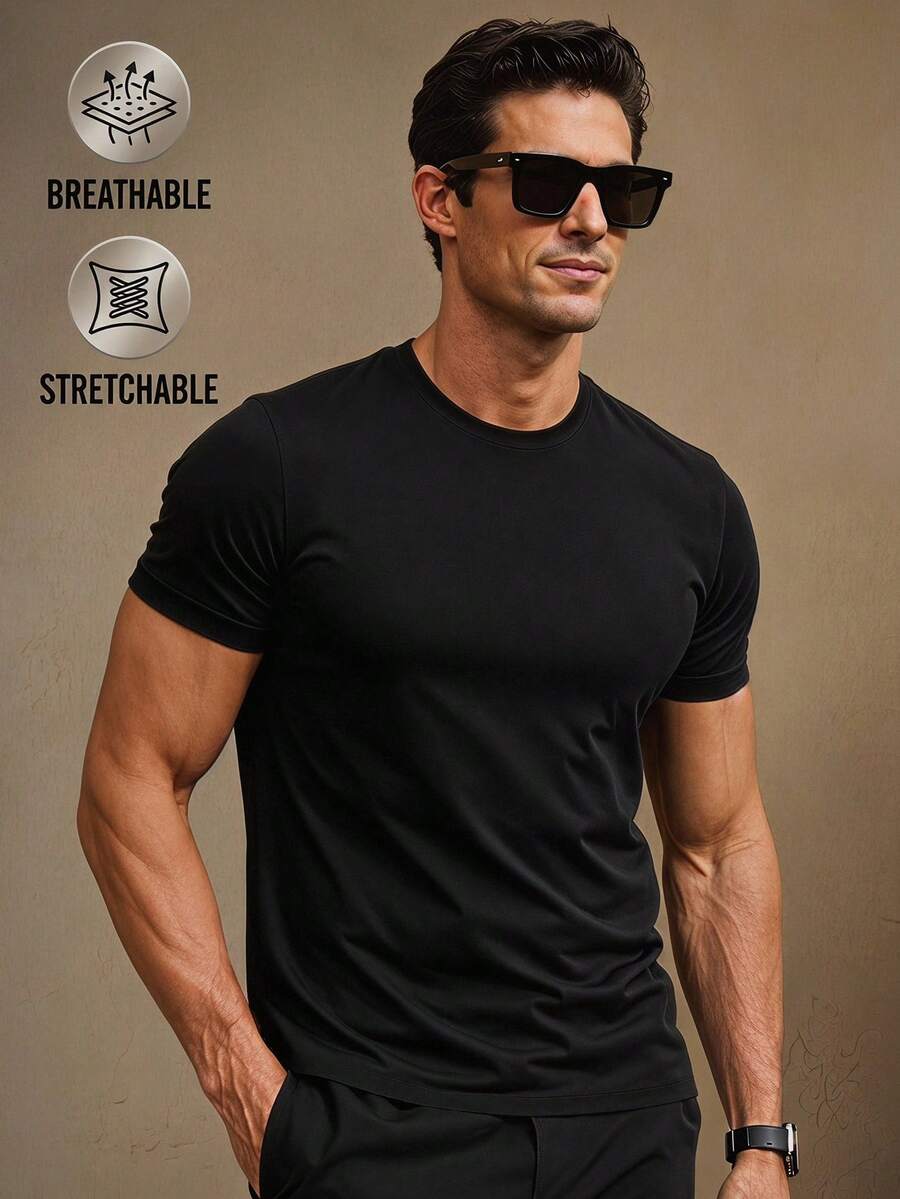 HIMLAND Men's Solid Color Slim Fit Crew Neck Drop Shoulder Casual ...