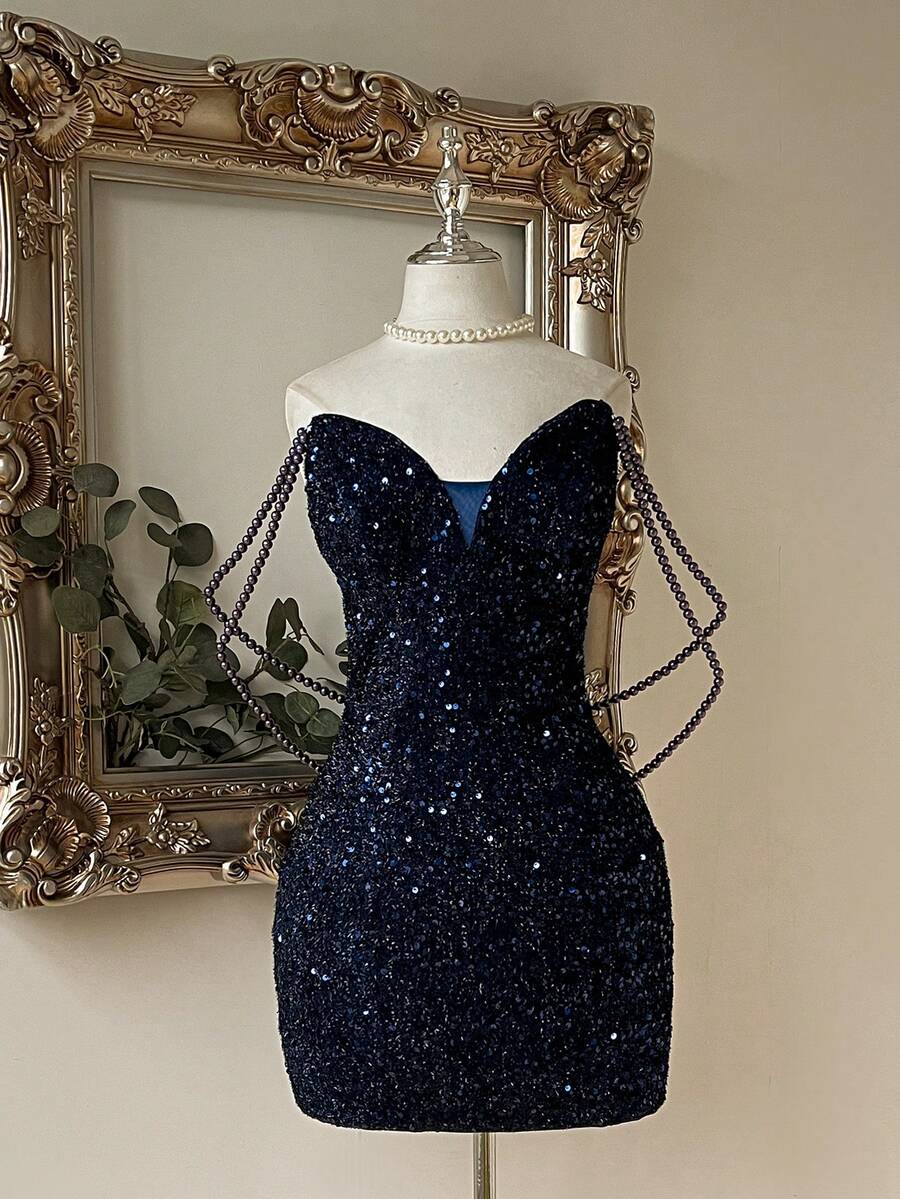 Lovelzi Elegant Romantic Fashion Sexy Navy Blue Sequin Elegant Party ...