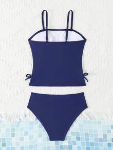 SHEIN Girls Navy Blue Two-Piece Cami Swimwear With Bows, Cute Casual ...