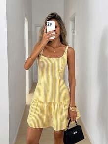 Easowa Summer Casual White And Yellow Square Neck Ruffle Hem Tank Dress ...