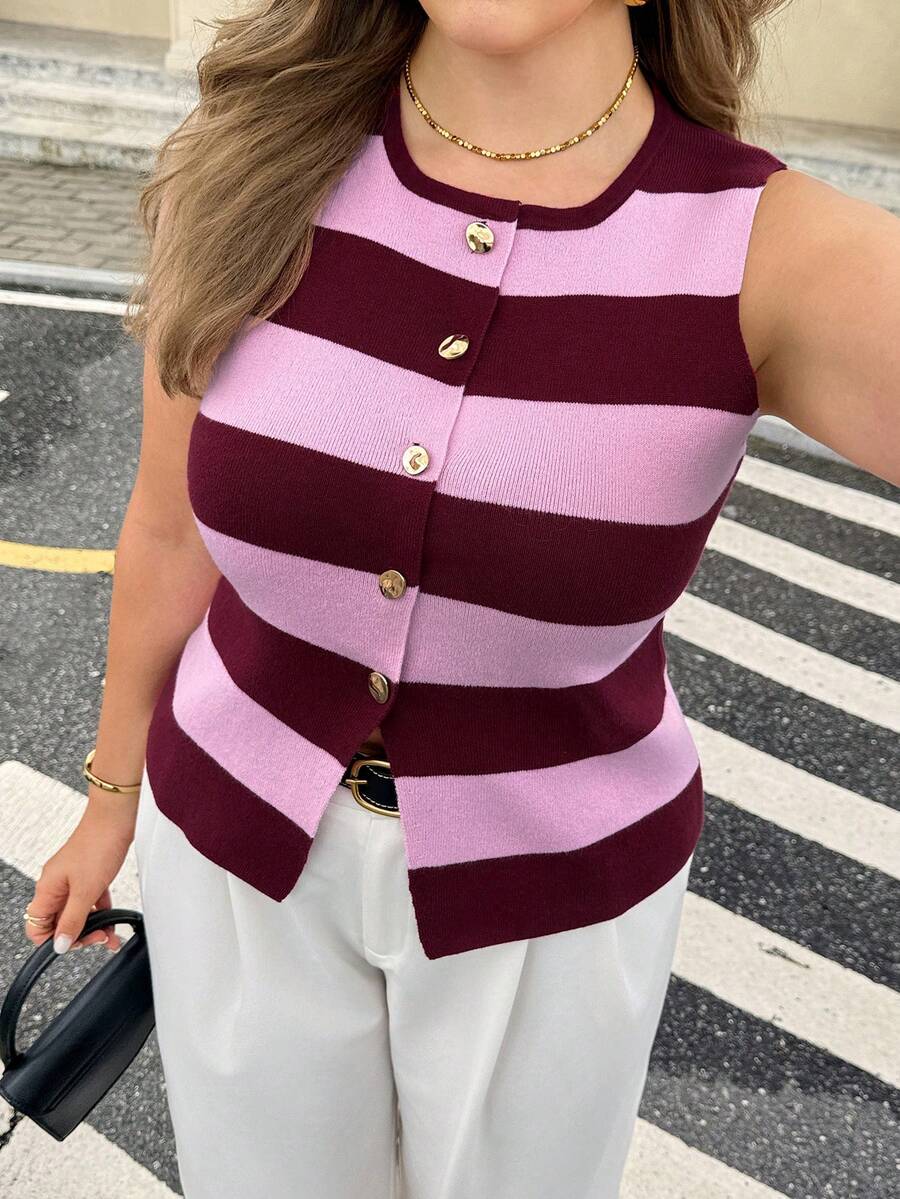 Easura Plus Size Knit Rose Pink Colorblock Button Front Open Top ...