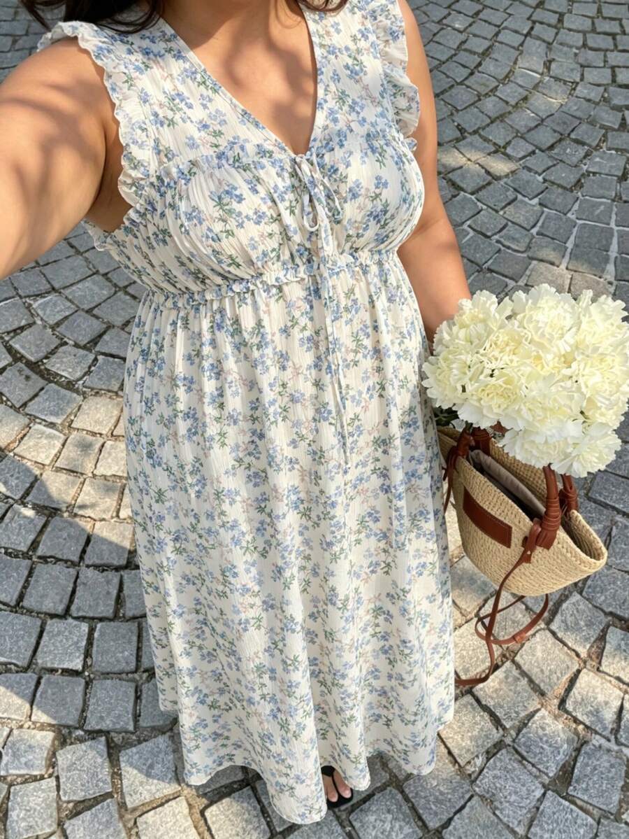 Modelyn Plus Size Women's V-Neck Floral Print Pleated Casual Party ...
