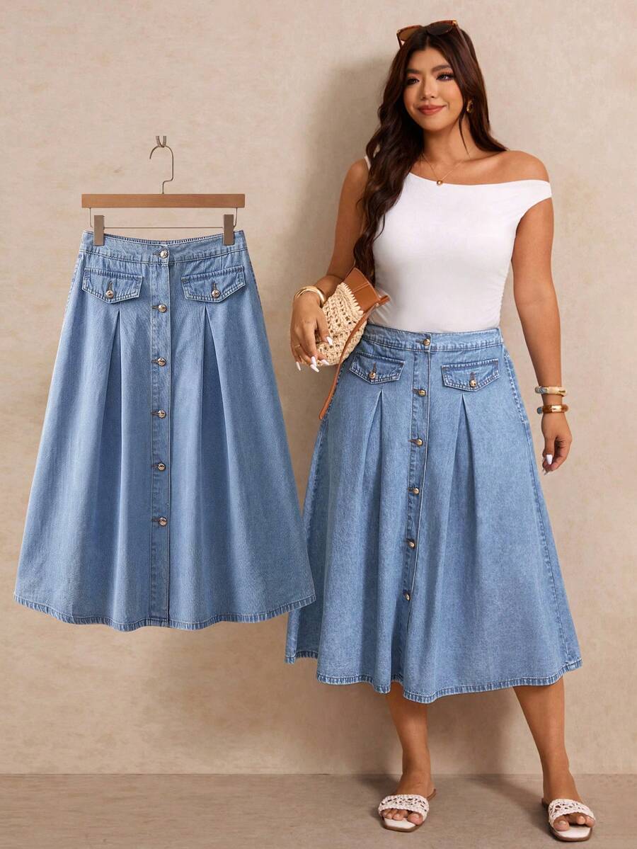 Elaquor Plus Size Solid Color Front Button Pleated Denim Skirt With ...