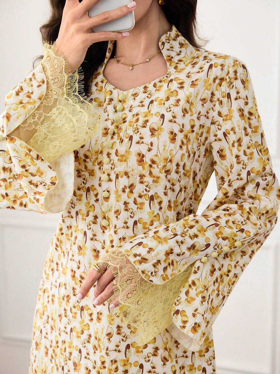 Al Najma Women's Elegant Lace Patchwork Floral Print Arabian Dress for ...
