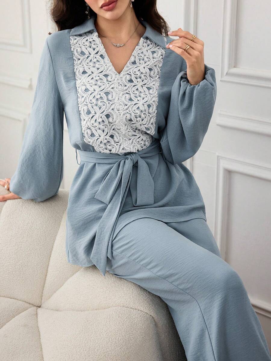 Yasmyna Women's Contrast Lace Long Sleeve Top And Pants Elegant Arabic ...