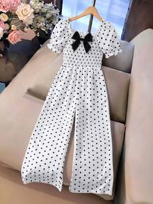 1pc Young Girls Black & White Polka Dot Puff Sleeve Bow Decor Jumpsuit ...
