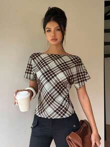 Siren Gaze Women's Backless Top - Brown/Green Vintage Plaid Top Casual ...