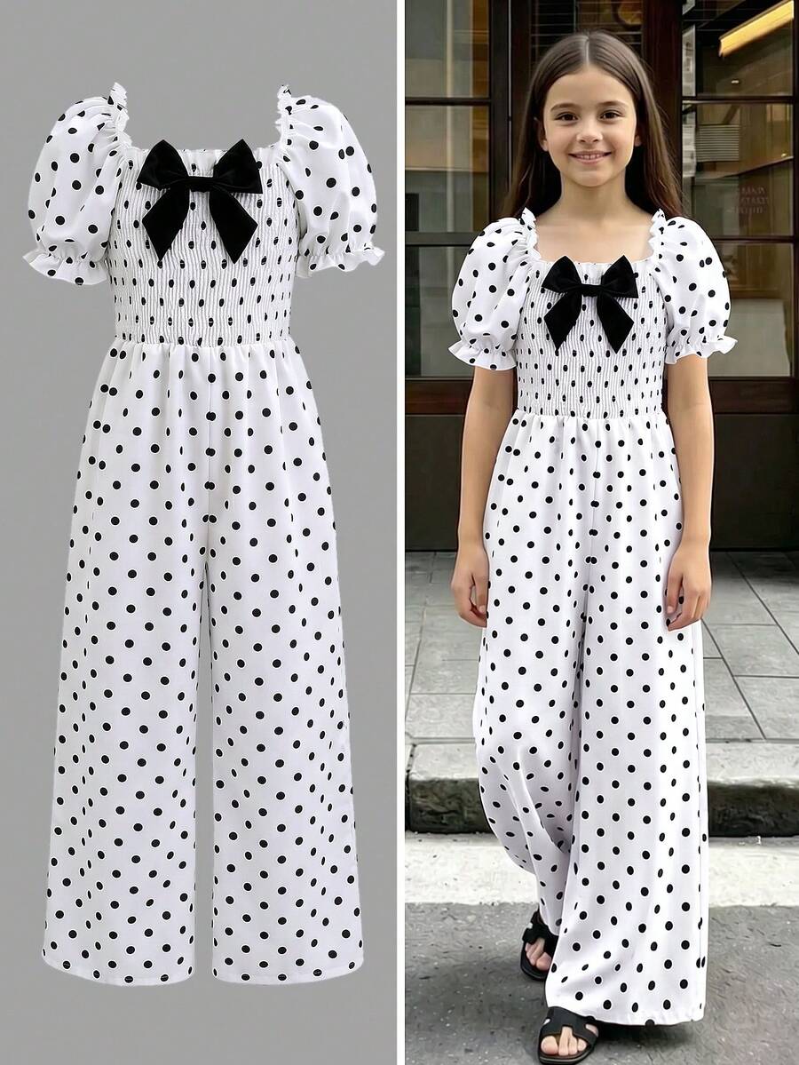 1pc Young Girls Black & White Polka Dot Puff Sleeve Bow Decor Jumpsuit ...