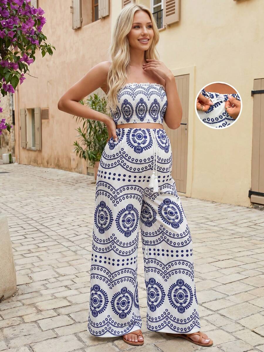 SHEIN Maternity Summer Vacation Tube Top & Pants 2 Pieces Set for Sale ...