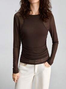 Ontre 2026 Spring/Summer Women's Brown Mesh Fabric High-Elasticity Long ...