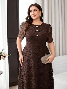 Reflora Plus Size Elegant Elegant Faux Pearl Button Decor Lace ...