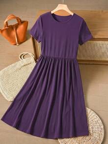 SHEIN LUNE Vestido feminino de manga curta com cor sólida e design ...