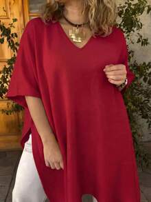 Slaydiva Women's Summer Knit Top, V Neck Batwing Sleeve Side Split ...