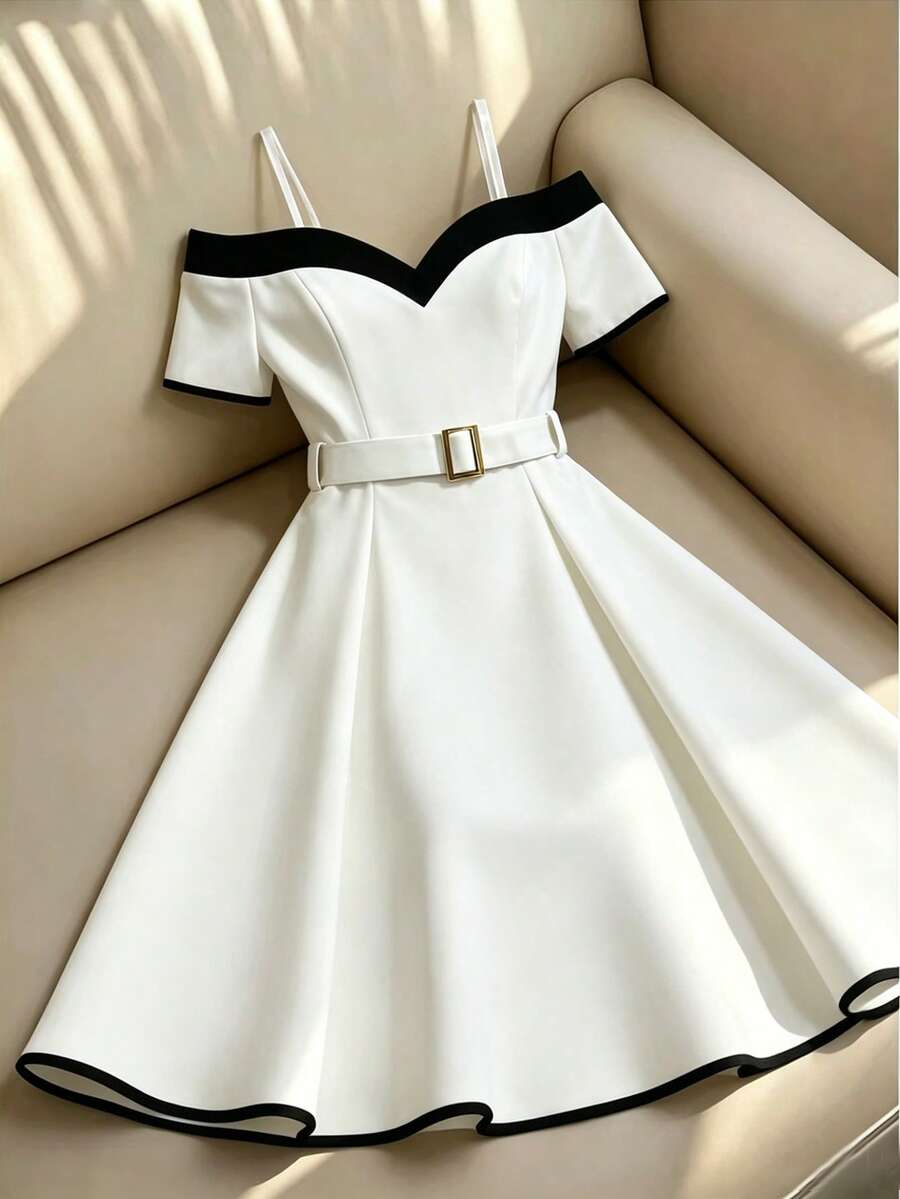 GlowEve Women's New Contrast Color Casual Spaghetti Strap Off-Shoulder ...