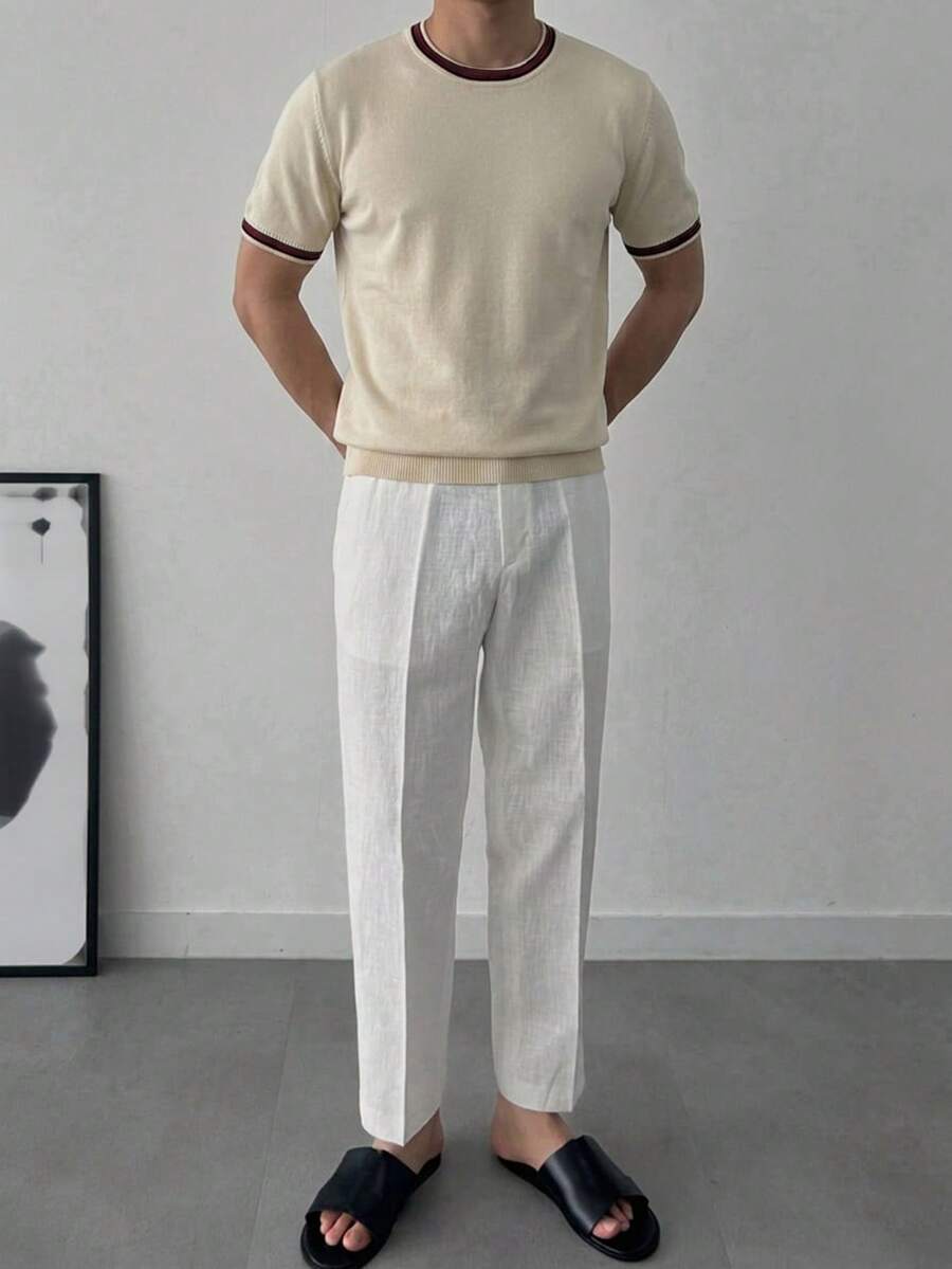 DAZY Men's Knit Top With Round Neck, Contrast Color Collar And Apricot ...