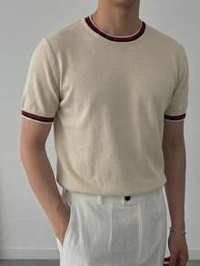 DAZY Men's Knit Top With Round Neck, Contrast Color Collar And Apricot ...